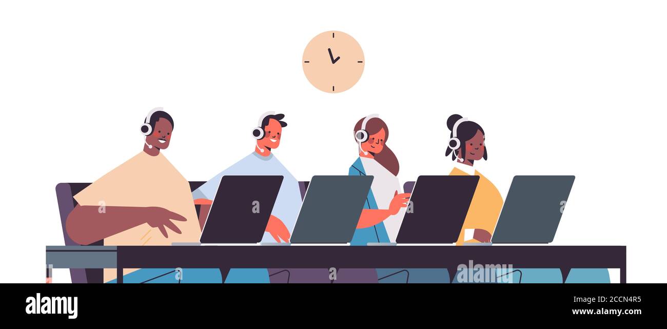 operators with headset chatting with clients call center agents working ...