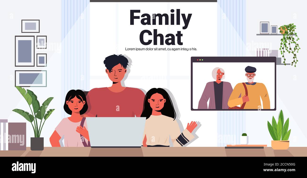 father and children having virtual meeting with grandparents in web ...