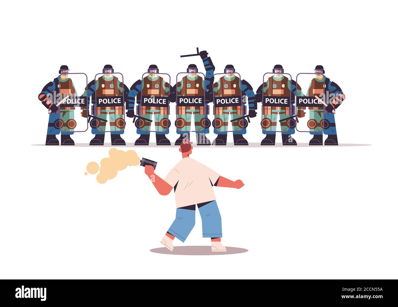 policemen in full tactical gear riot police attacking protester during ...