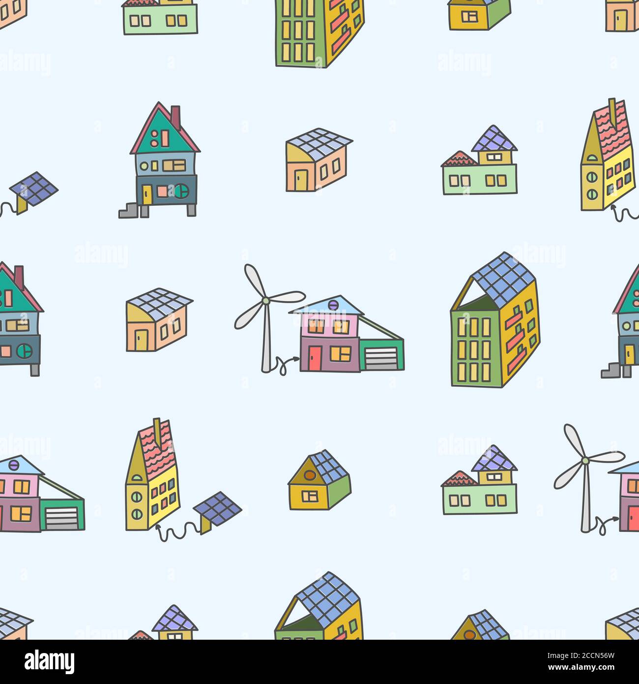 Seamless pattern of houses and buildings on the roofs of which are ...