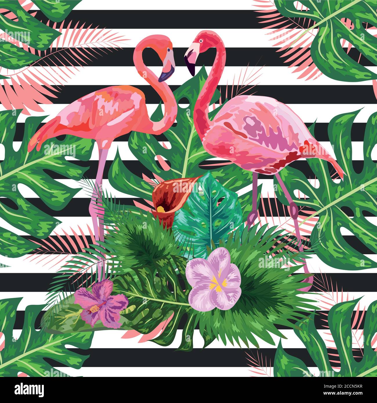 Seamless pattern with dark blue grunge stripes and pink flamingo. Pink ...