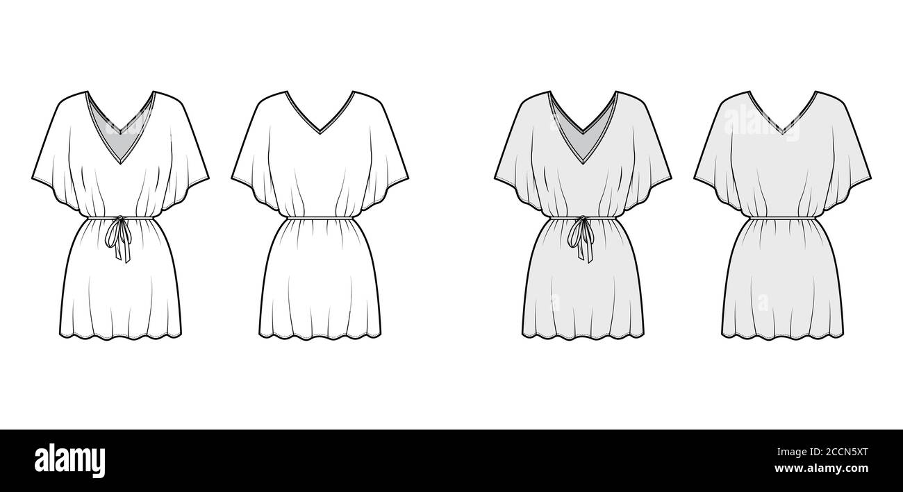 Kaftan dress technical fashion illustration with deep V-neck, belted ...