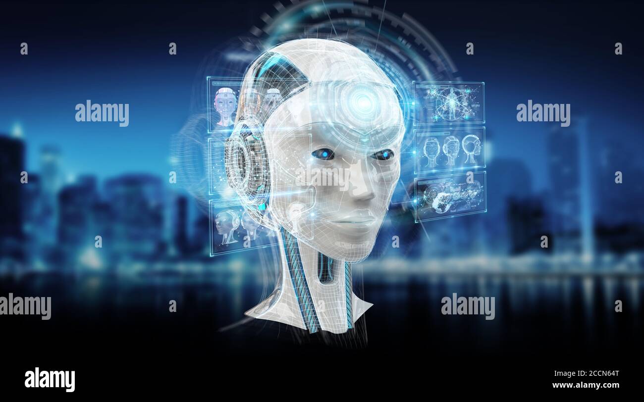 Digital artificial intelligence cyborg interface isolated on blue ...