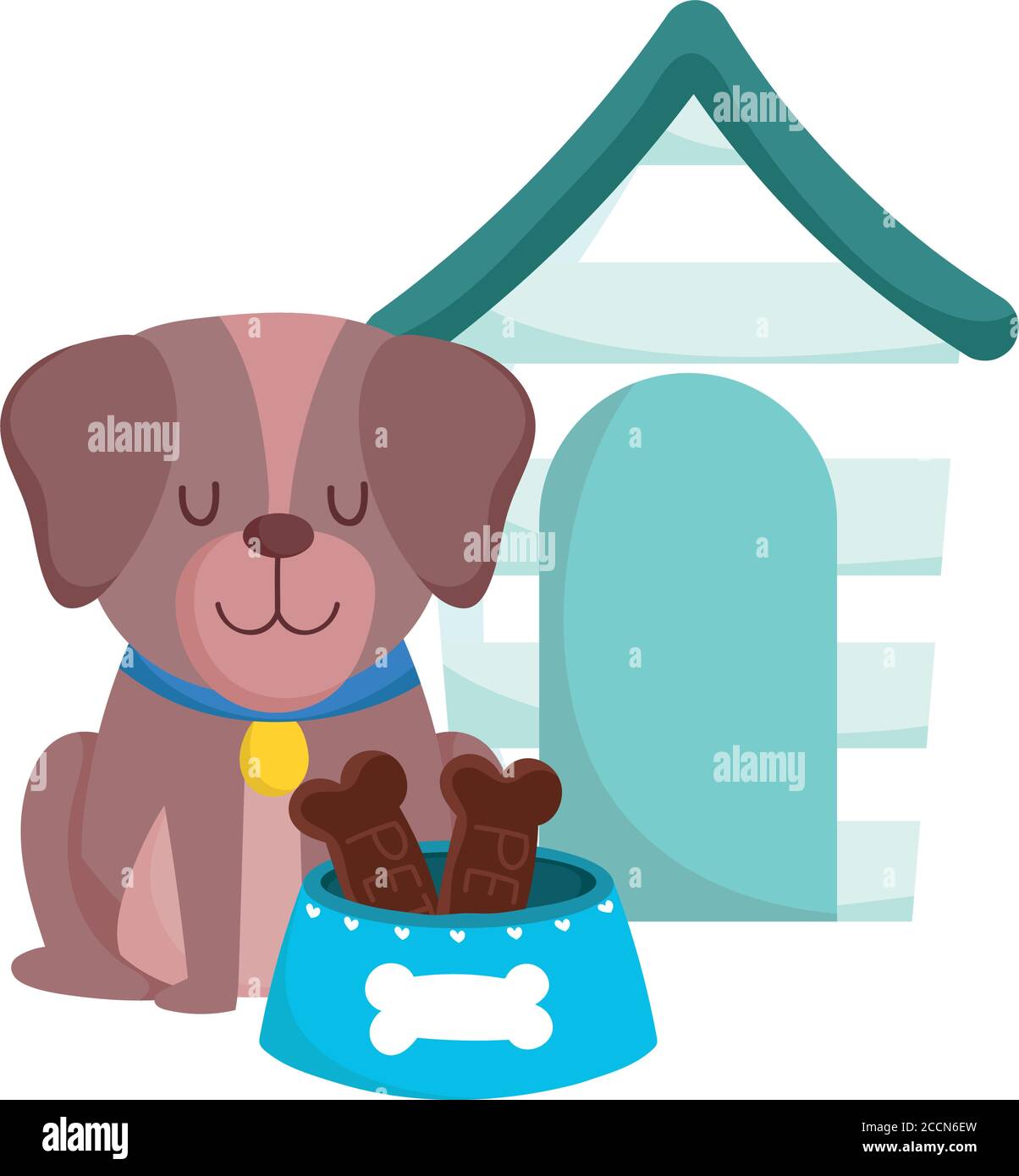 pet shop, cute dog sitting with collar food and house animal domestic ...