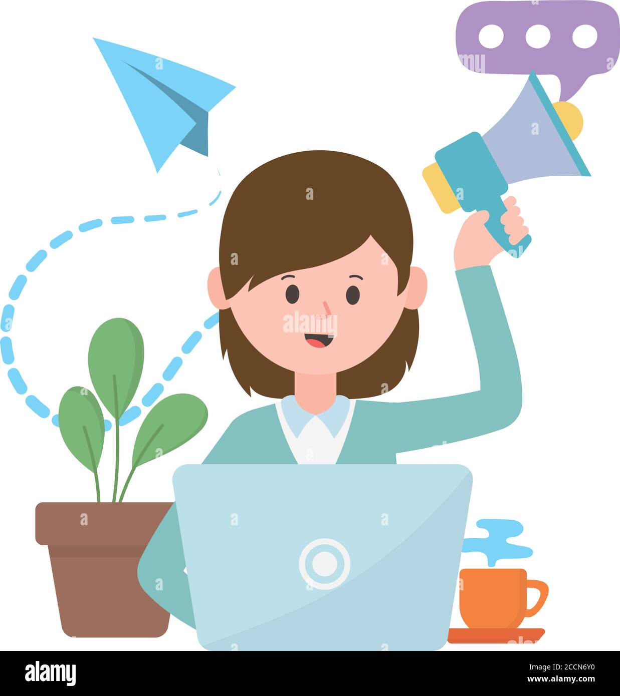 woman with laptop marketing internet promotion social network ...