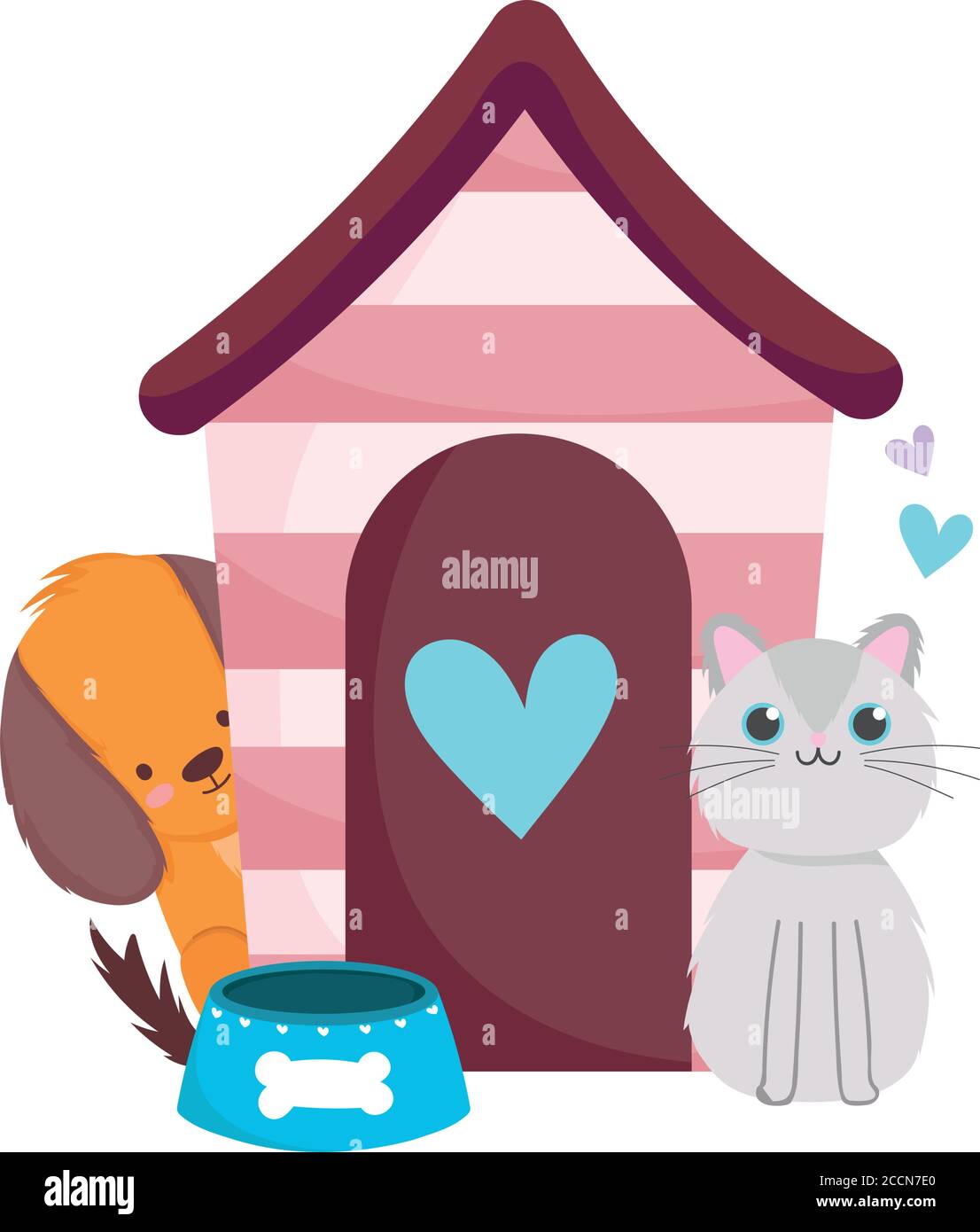 pet shop, cute dog and cat with house and bowl animal domestic cartoon ...