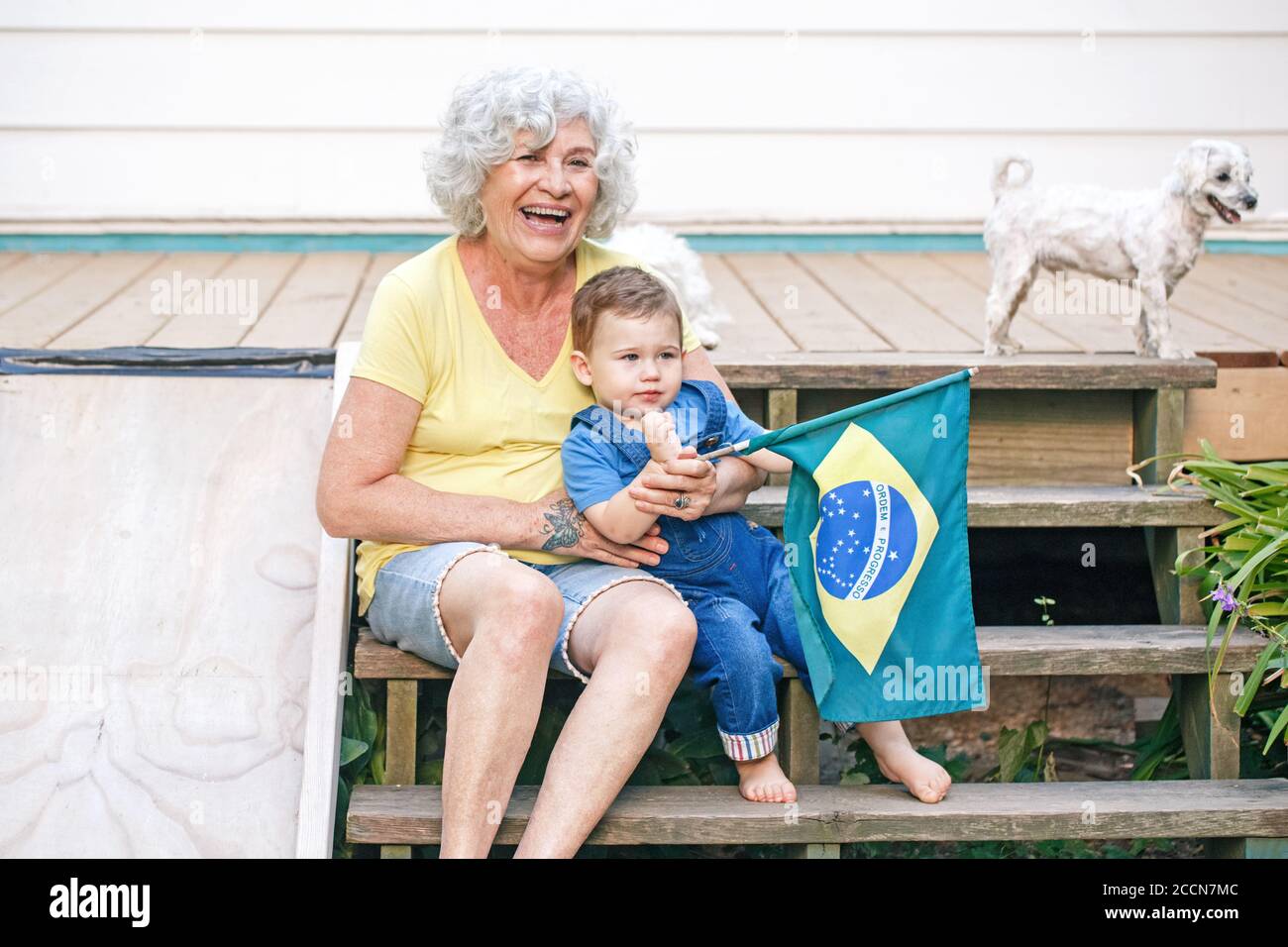 Proud citizens celebrating Independence Day of Brazil. Happy old woman ...