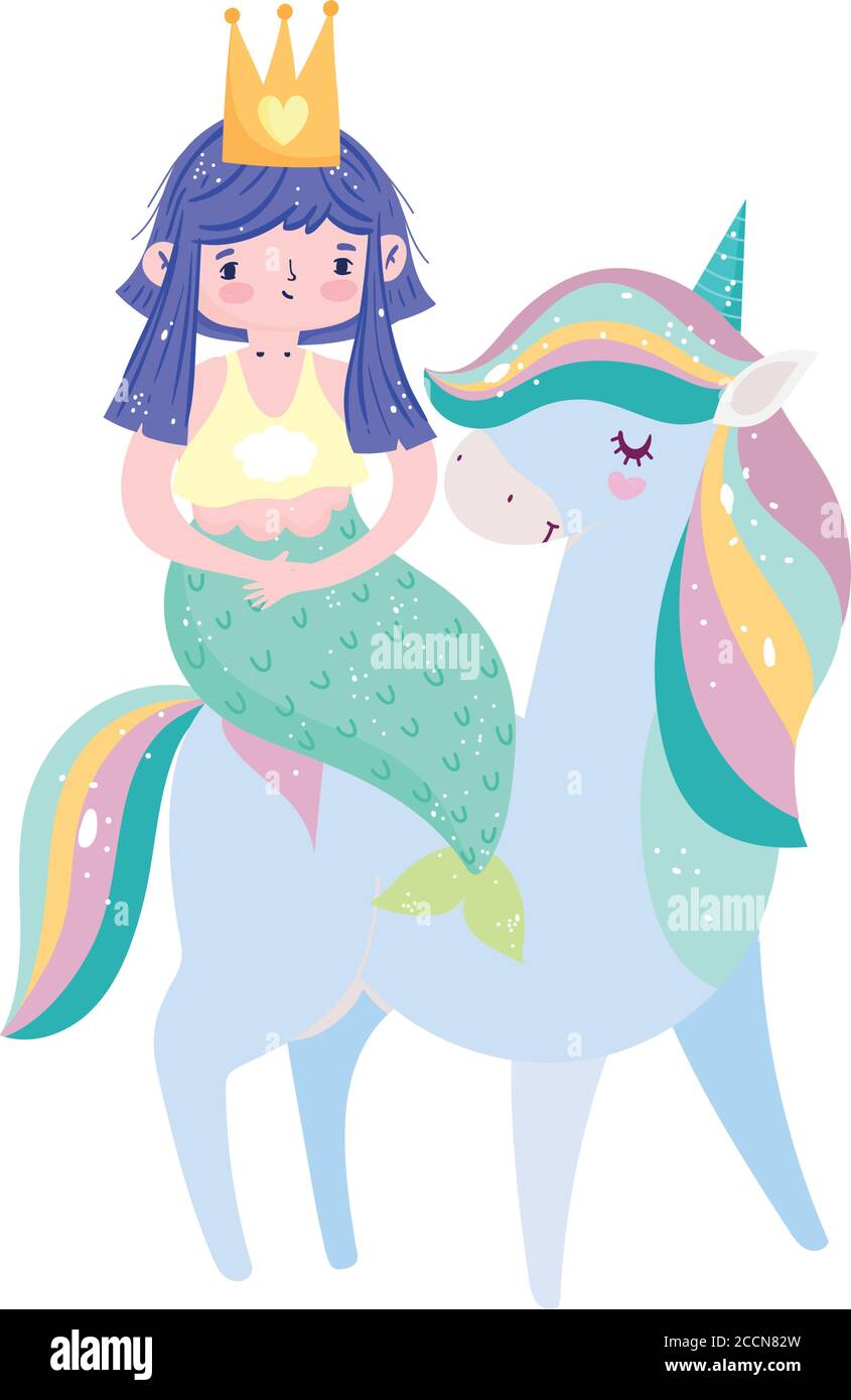 unicorn carrying mermaid rainbow hair fantasy dream cartoon vector ...