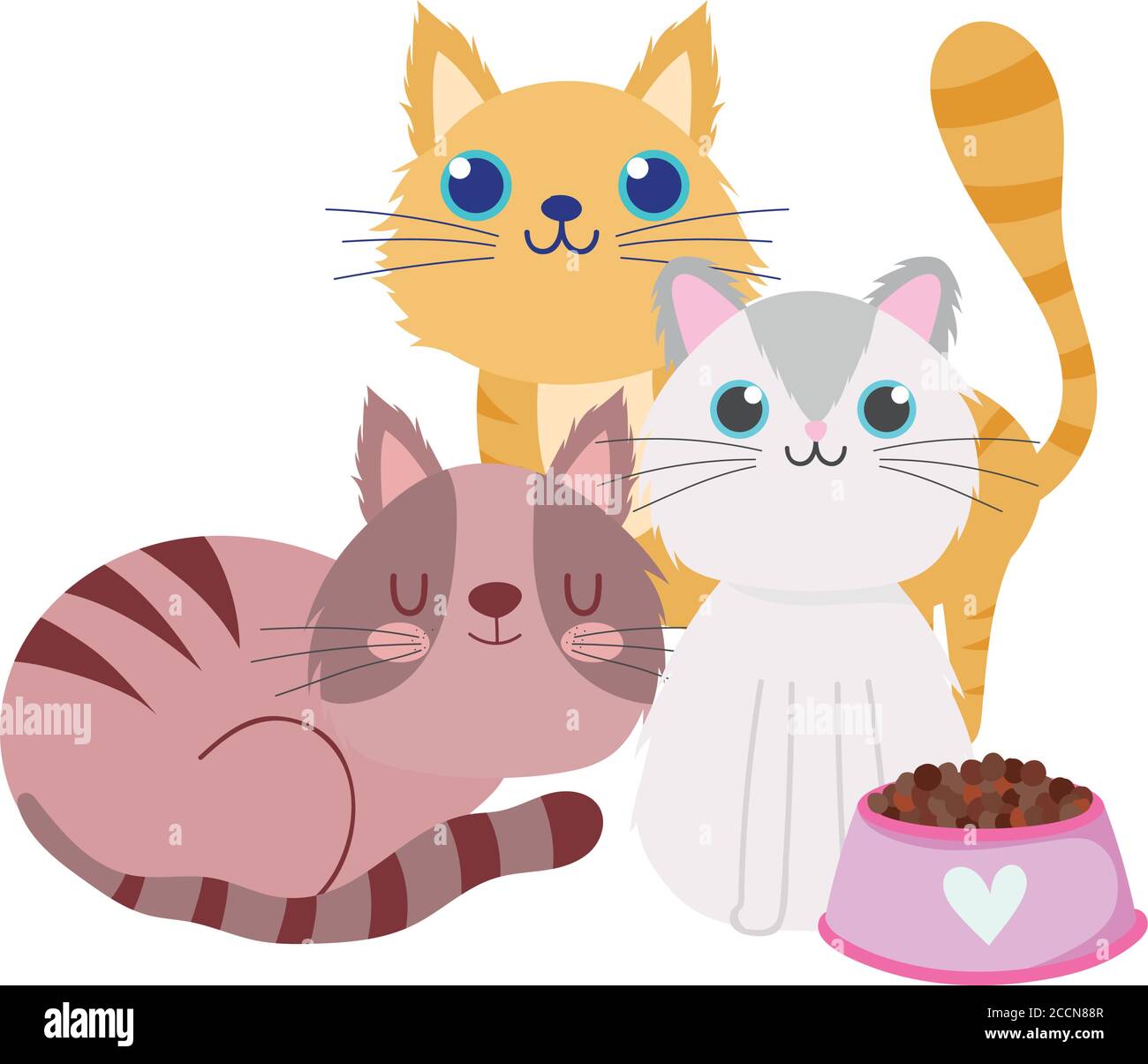 pet shop, cute little cats with food bowl domestic cartoon vector ...