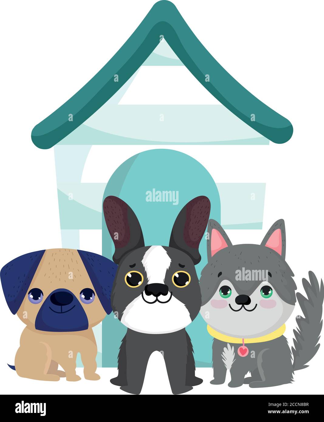 pet shop, cute little puppies sitting with wooden house animal domestic ...