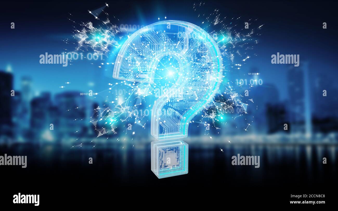 Blue digital question marks on blue city background 3D rendering Stock ...