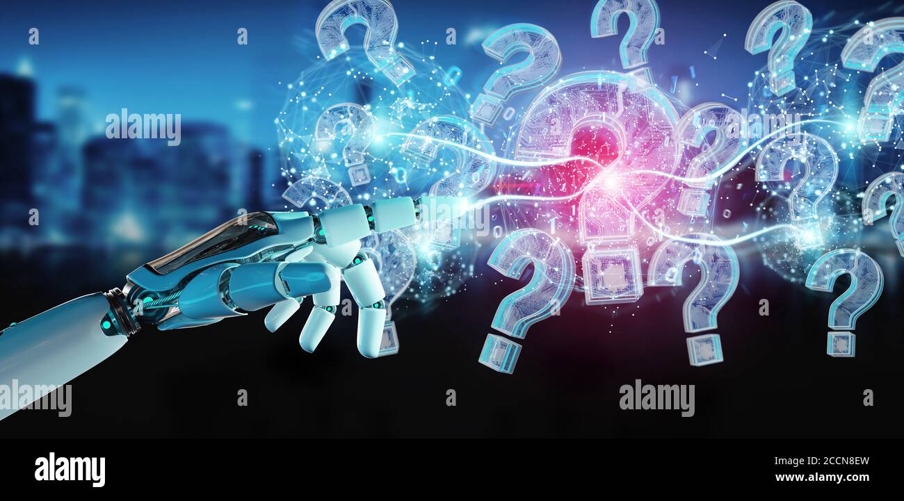 Cyborg on blurred background solving problem with digital question marks 3D rendering Stock ...