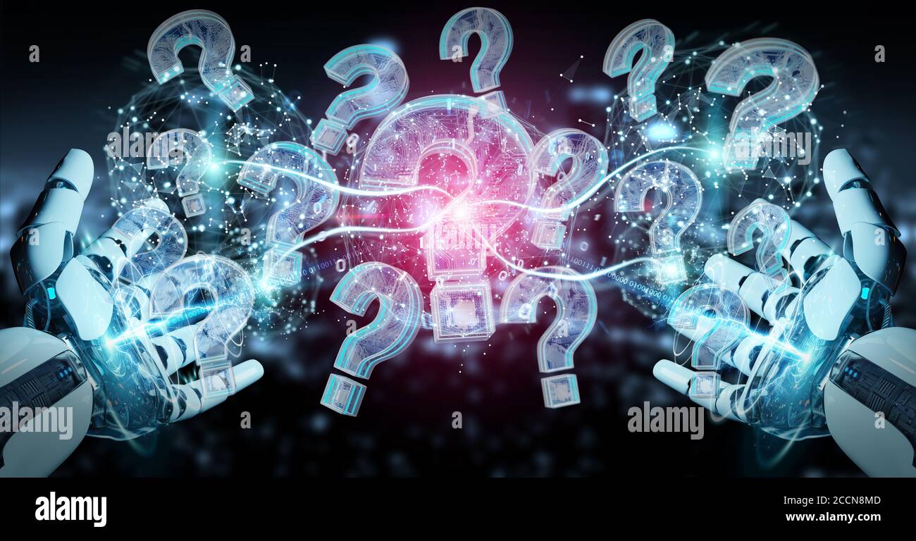 Cyborg on blurred background solving problem with digital question marks 3D rendering Stock ...