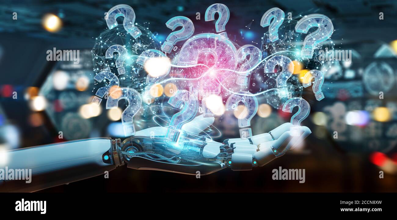 Cyborg on blurred background solving problem with digital question marks 3D rendering Stock ...