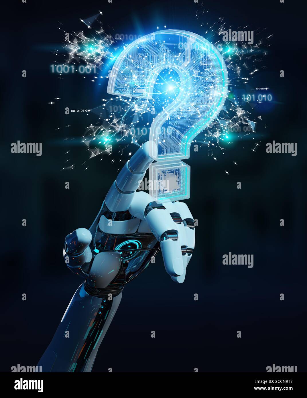 Cyborg on blurred background solving problem with digital question marks 3D rendering Stock ...