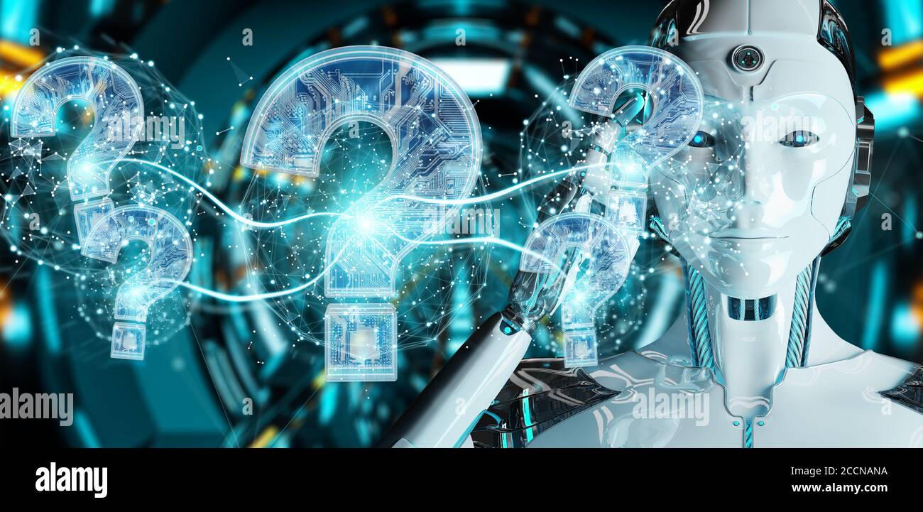 Cyborg on blurred background solving problem with digital question marks 3D rendering Stock ...