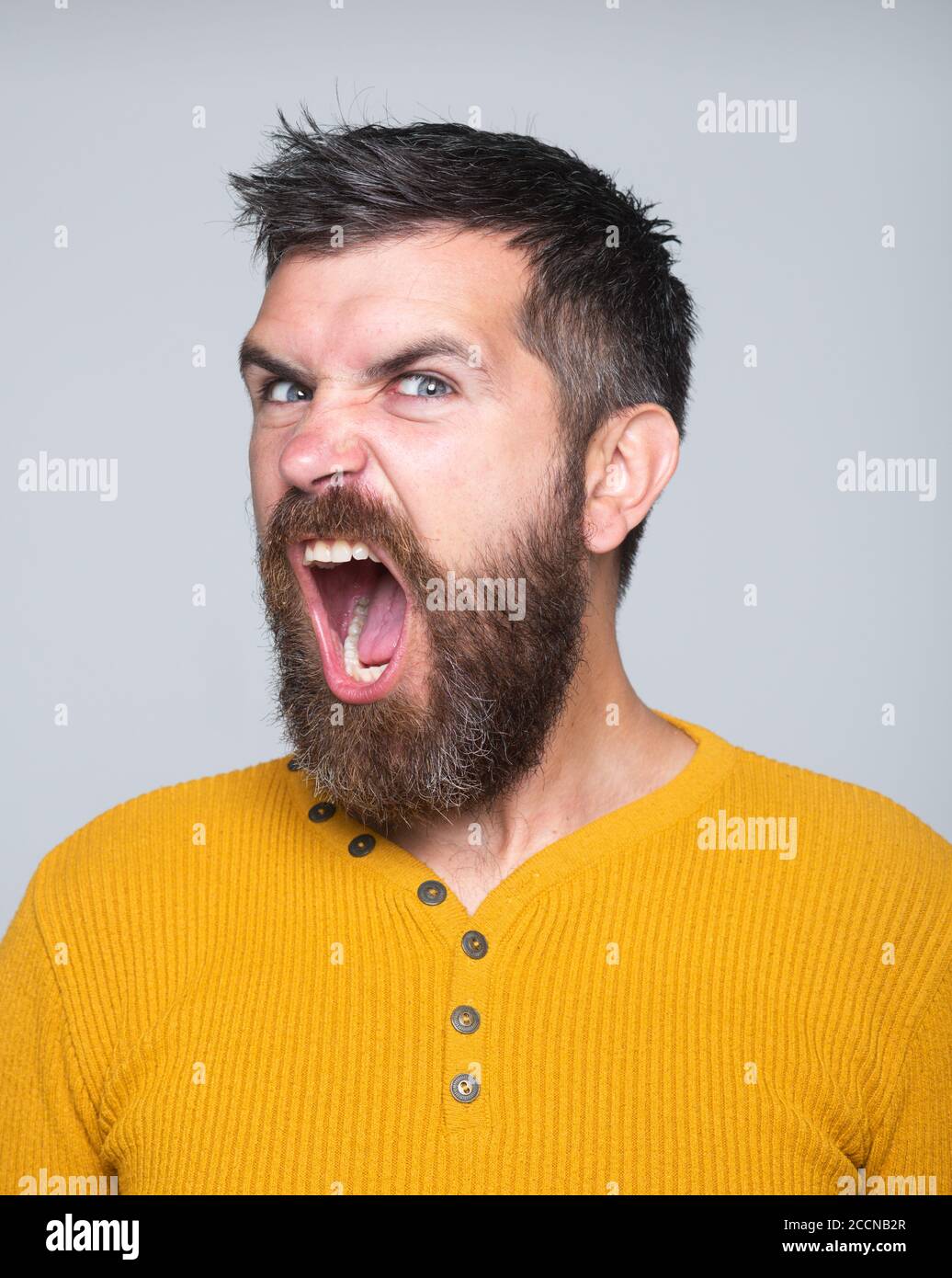 Scream stressful face expression. Angry Barber with long beard and ...
