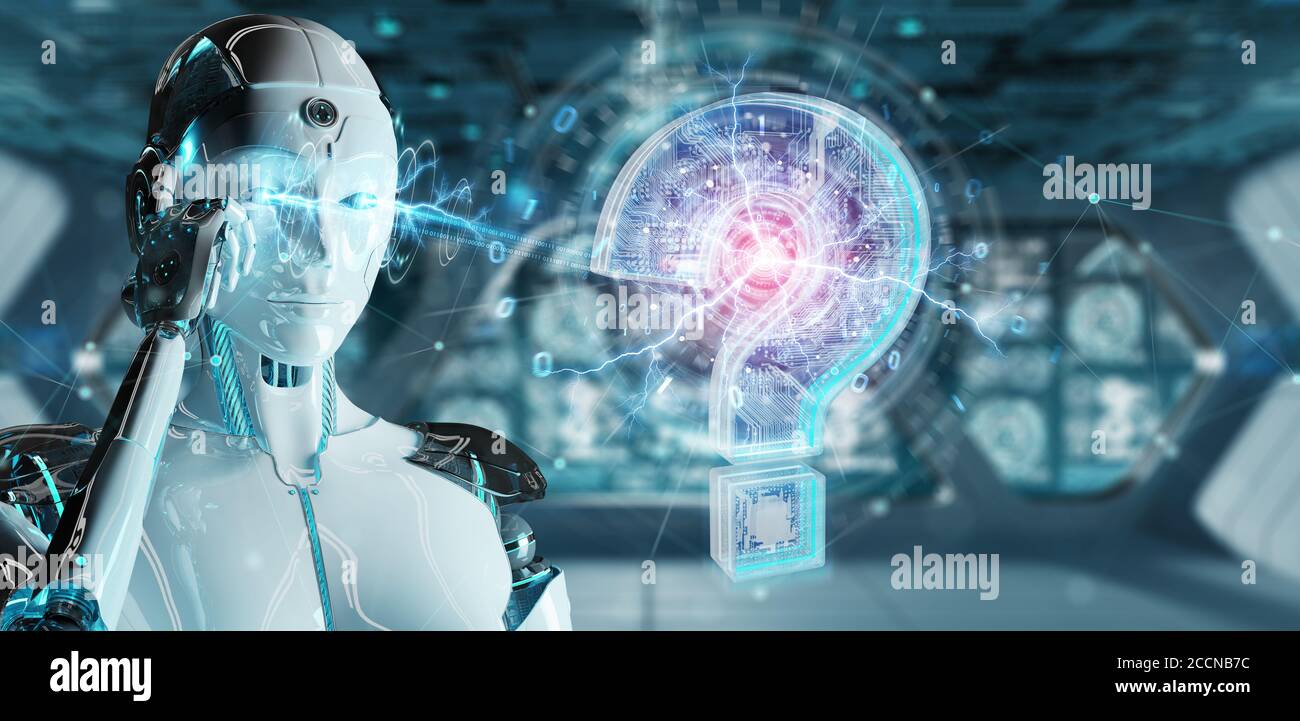Cyborg on blurred background solving problem with digital question marks 3D rendering Stock ...