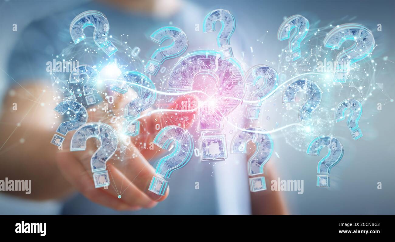 Businessman on blurred background solving problem with digital question marks 3D rendering Stock ...