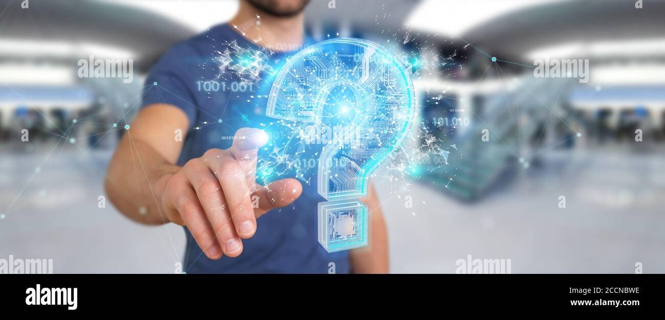 Businessman on blurred background solving problem with digital question marks 3D rendering Stock ...