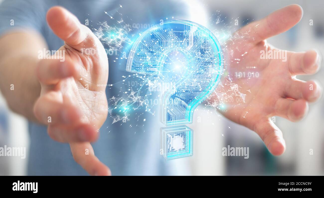 Businessman on blurred background solving problem with digital question marks 3D rendering Stock ...
