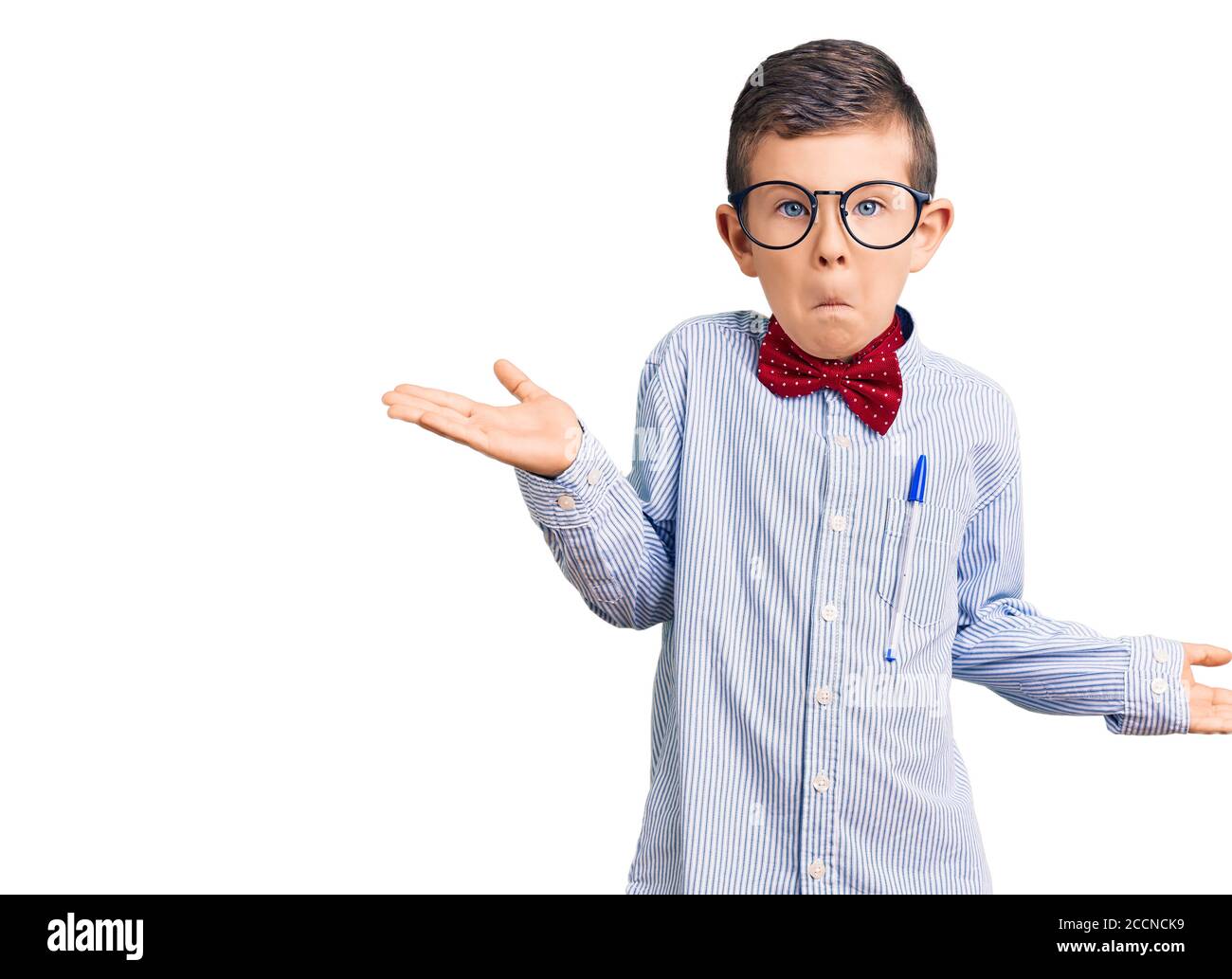 Nerd Raising Hand Cute Blond Kid Wearing Nerd Bow Tie Glasses Showing