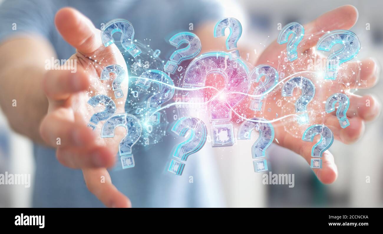 Businessman on blurred background solving problem with digital question marks 3D rendering Stock ...