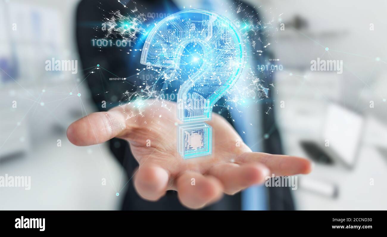 Businessman on blurred background solving problem with digital question marks 3D rendering Stock ...