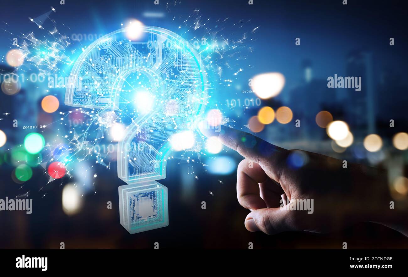 Businessman on blurred background solving problem with digital question marks 3D rendering Stock ...