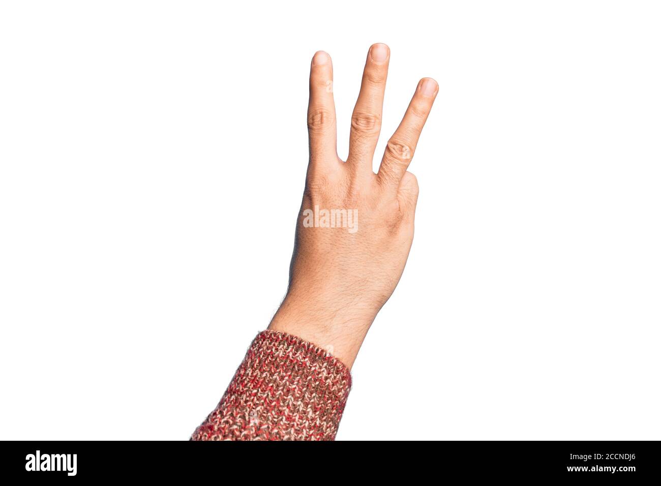 Hand of caucasian young man showing fingers over isolated white background counting number 3 ...