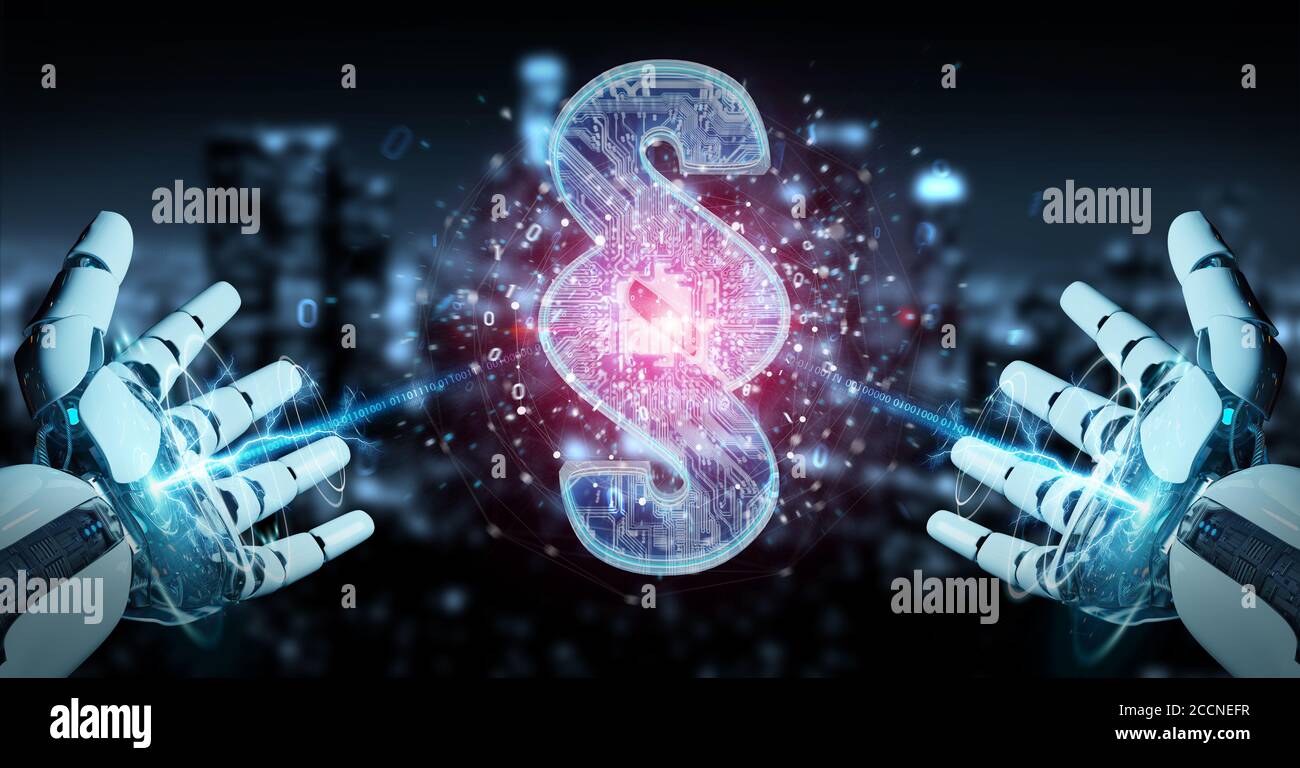Cyborg judge on blurred background using 3D rendering digital paragraph ...
