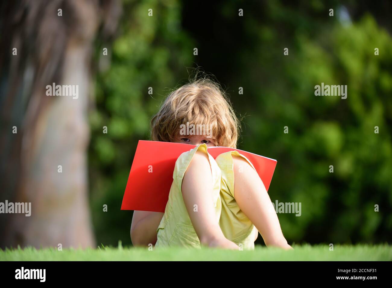 Distance children education. Cute pupil writing at notebook at the ...