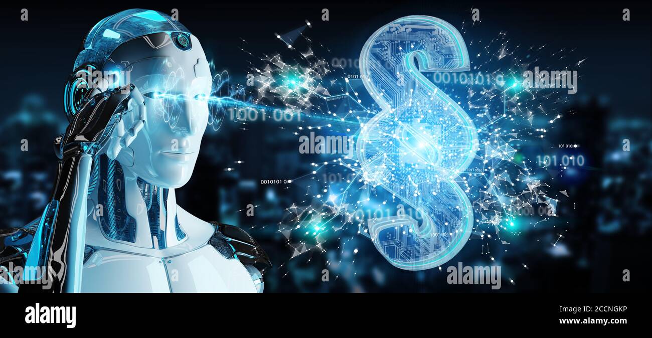 Cyborg judge on blurred background using 3D rendering digital paragraph ...