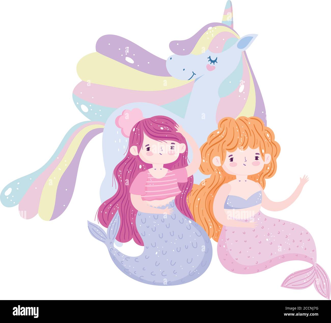 mermaids and unicorn rainbow mane magic cartoon vector illustration ...