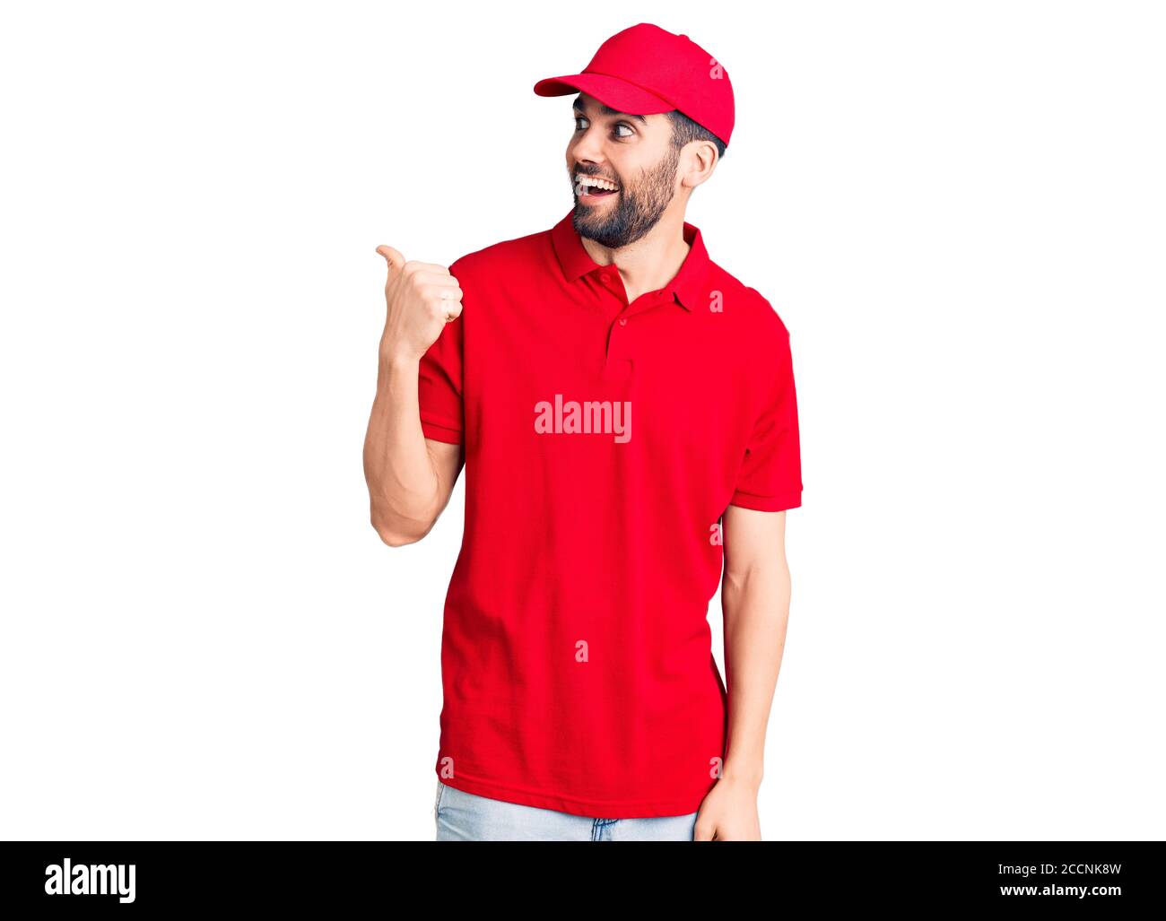 Young Handsome Man With Beard Wearing Delivery Uniform Smiling With