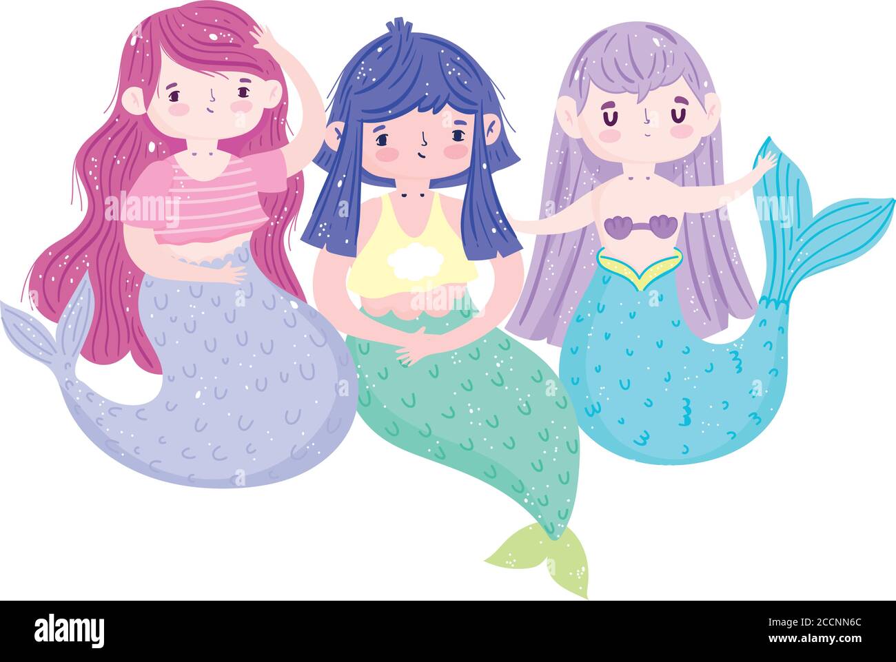 little beautiful mermaids characters multicolor tails cartoon vector ...