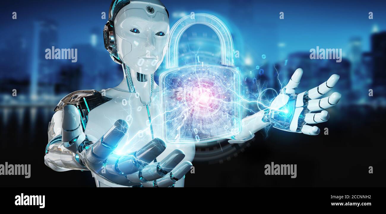 Web security protection interface used by robot on blurred background ...