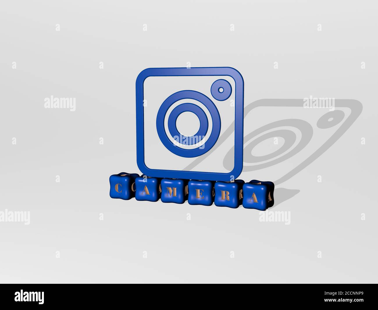 camera 3D icon object on text of cubic letters, 3D illustration Stock ...