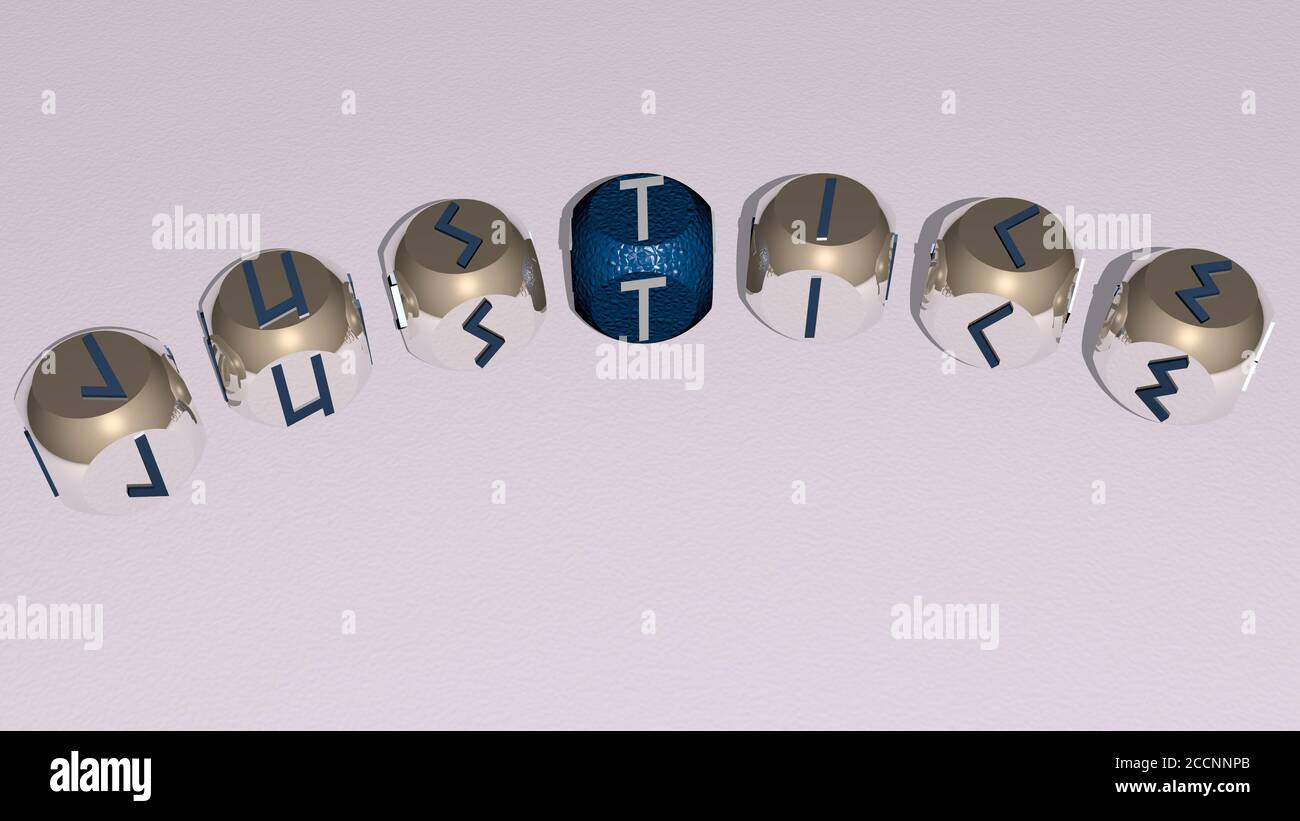 JUSTICE curved text of cubic dice letters, 3D illustration Stock Photo ...