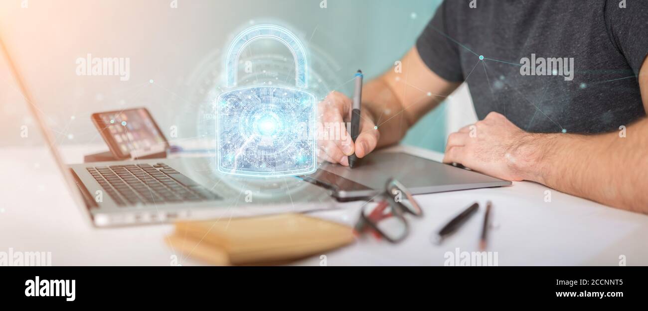 Web security protection interface used by graphic designer in office 3D ...