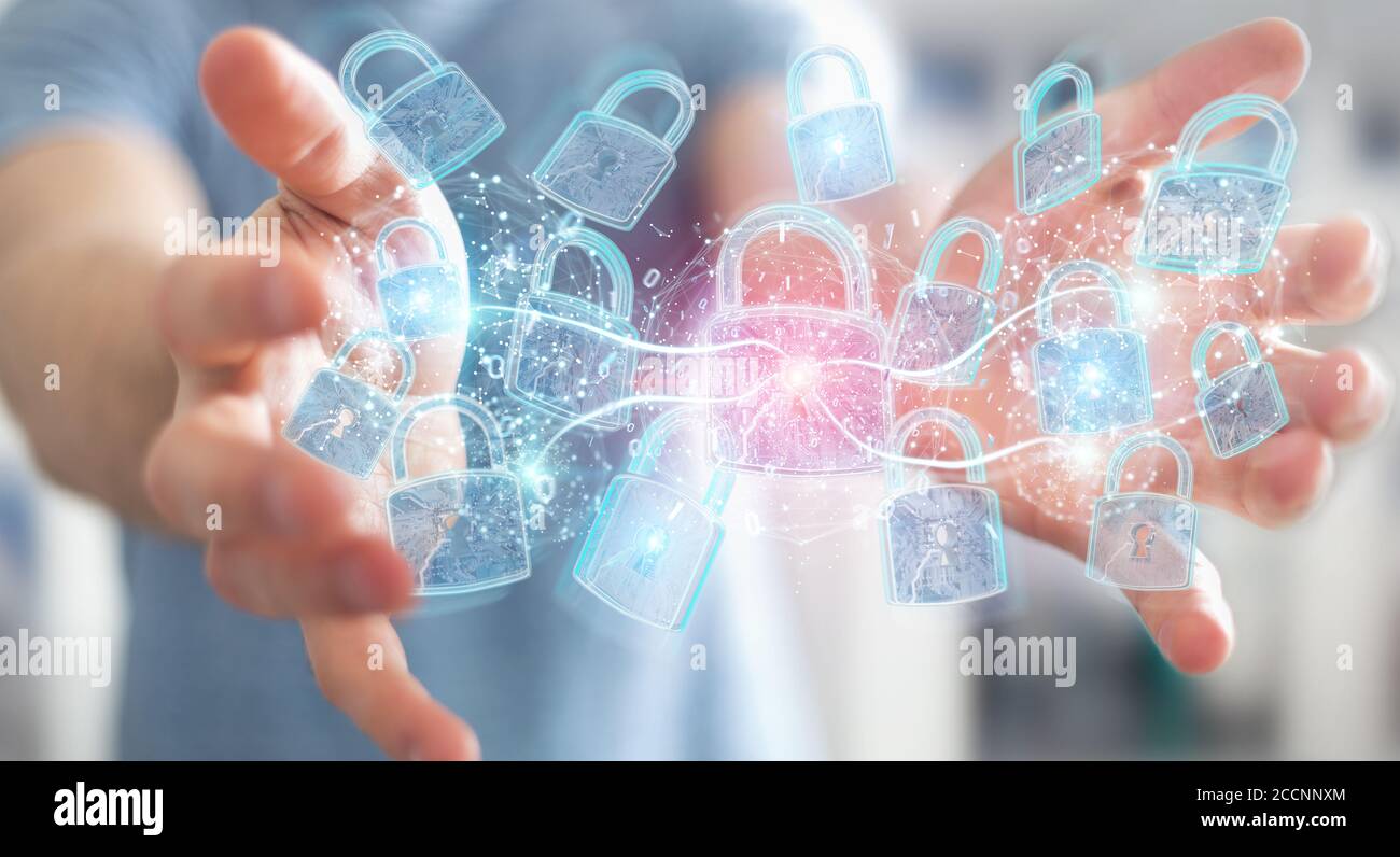 Web security protection interface used by businessman on blurred ...