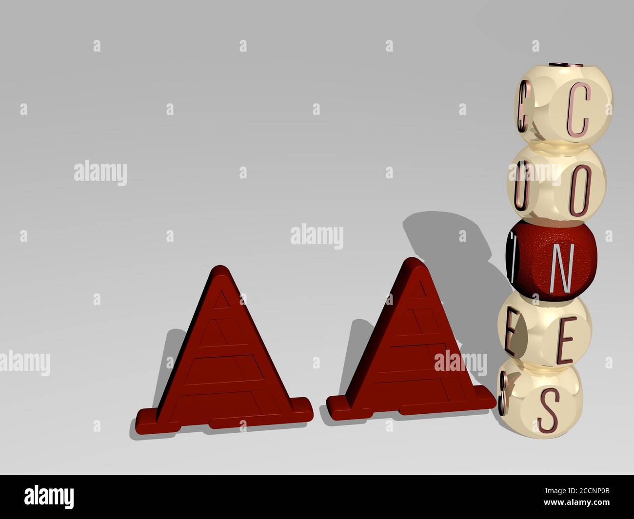 CONES 3D icon beside the vertical text of individual letters, 3D ...