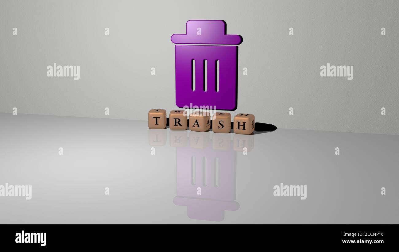 TRASH text of cubic dice letters on the floor and 3D icon on the wall ...