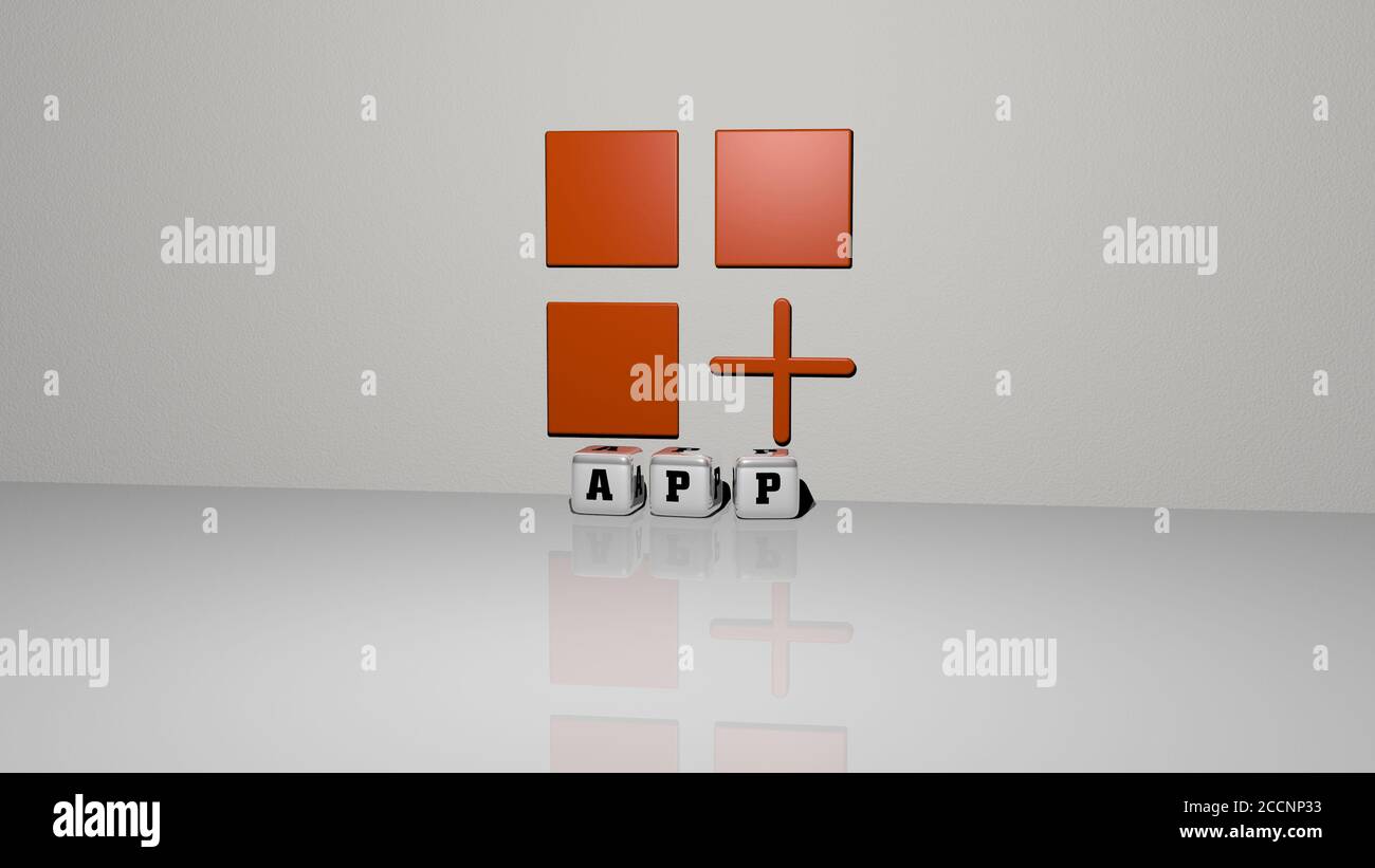 app text of cubic dice letters on the floor and 3D icon on the wall, 3D ...