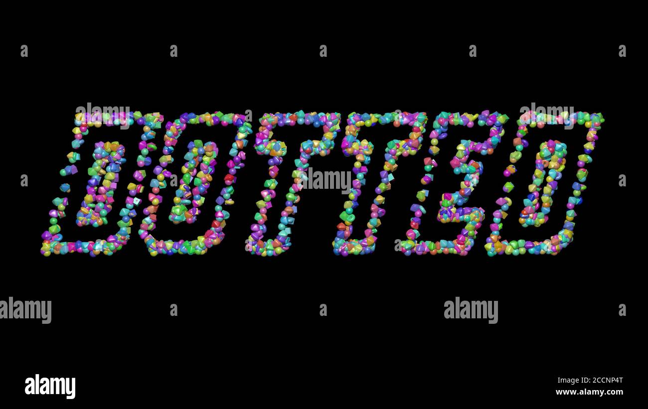 Colorful 3D writing of dotted text with small objects over a dark ...