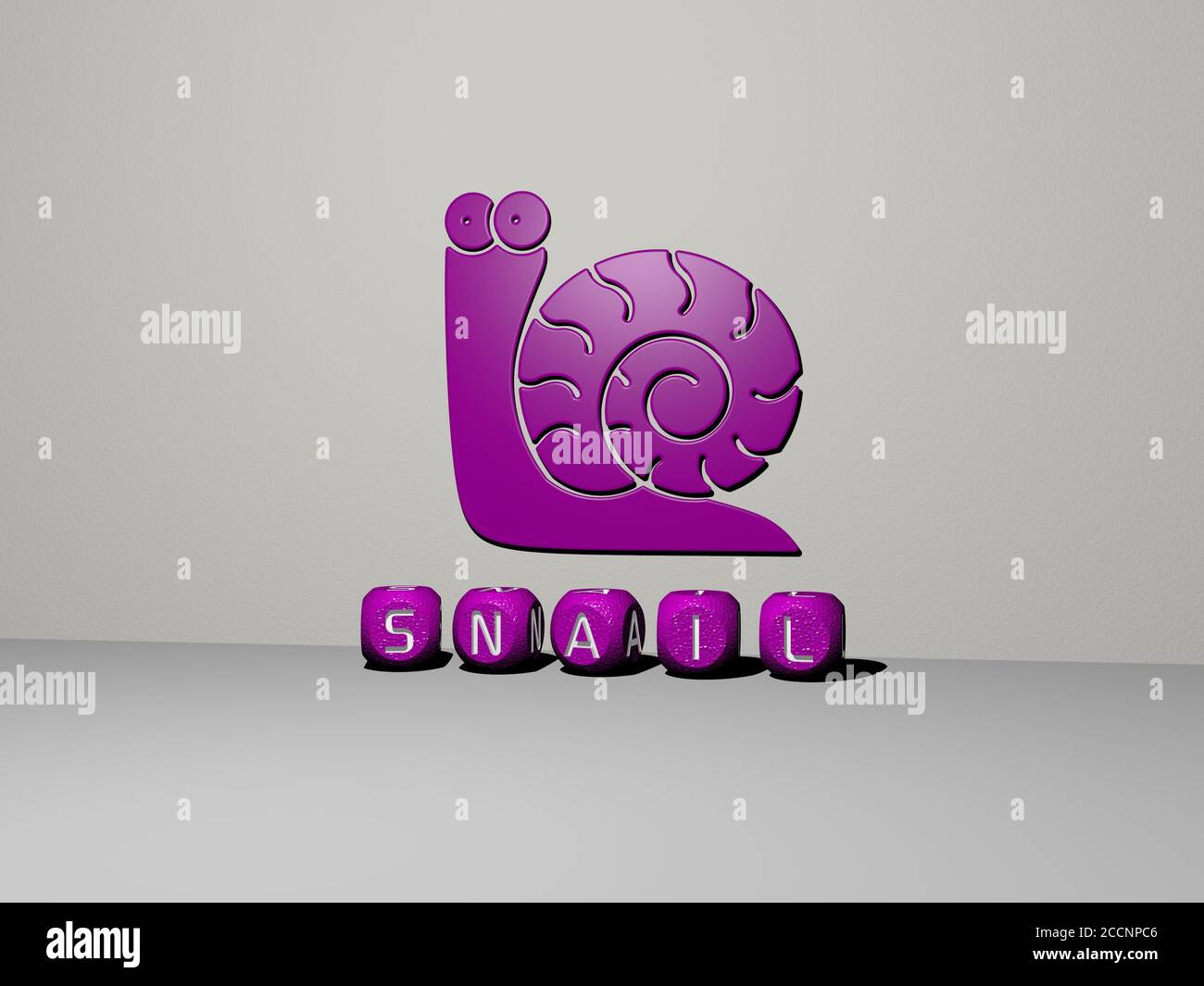 snail 3D icon on the wall and text of cubic alphabets on the floor, 3D ...