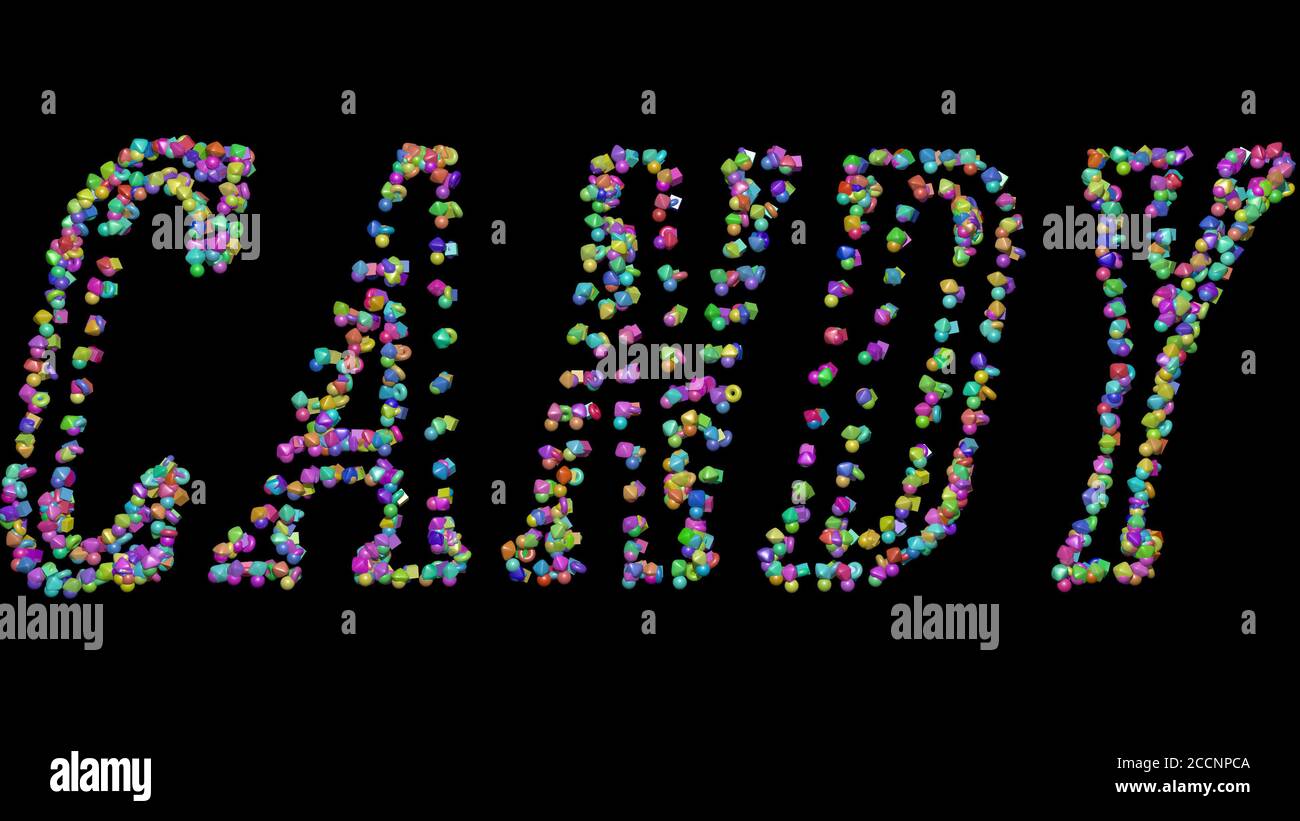 Colorful 3D writing of candy text with small objects over a dark ...
