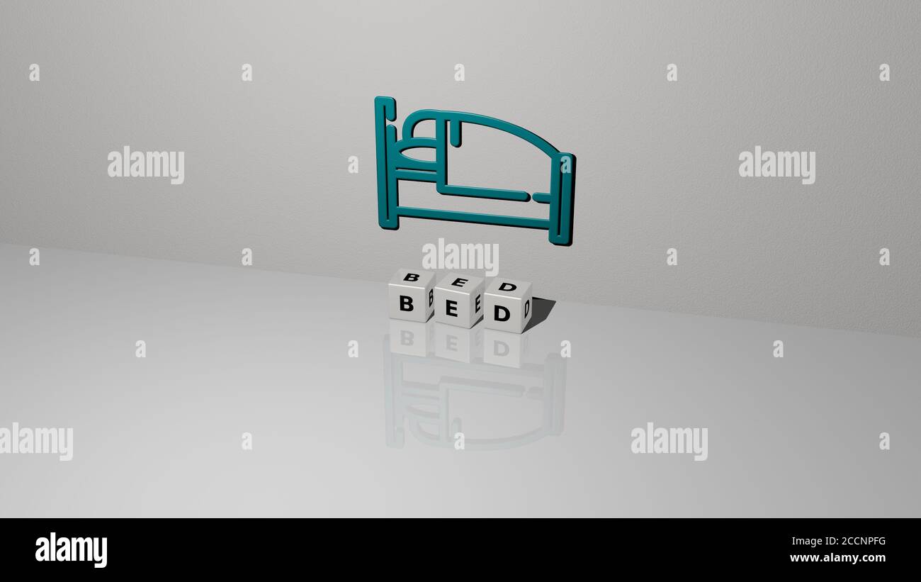 bed text of cubic dice letters on the floor and 3D icon on the wall, 3D ...