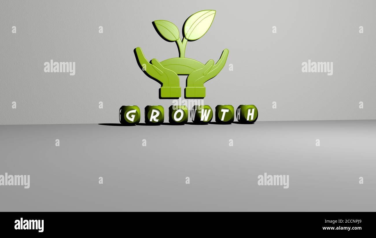 growth 3D icon on the wall and text of cubic alphabets on the floor, 3D ...