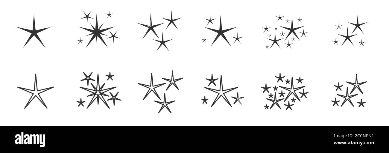 Silhouette and line icon set. Empty contour decorative twinkle sparkle lights star. Original ...